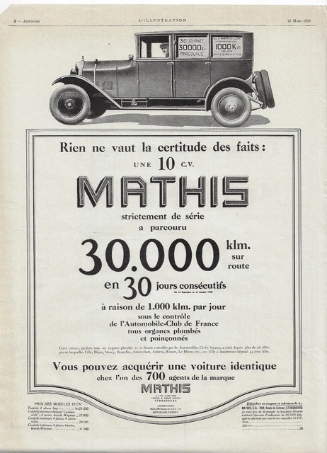 PUBLICITÉ ORIGINALE PAPIER 1926 Automobile Mathis Issue De La Presse N ...