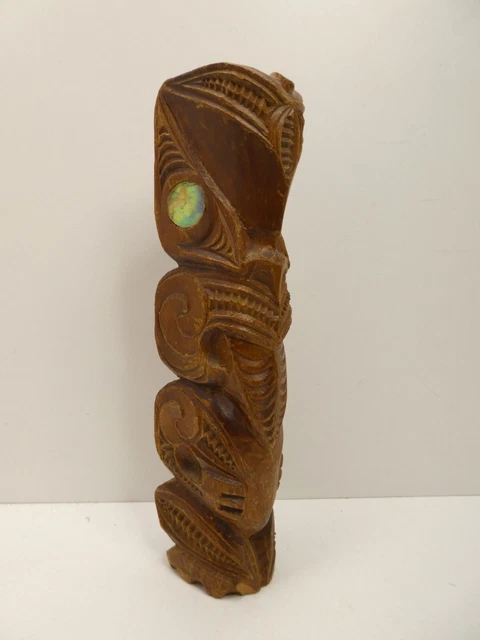 VINTAGE CARVED WOODEN Tiki Statue New Zealand Maori Paua Shell EUR 28 ...