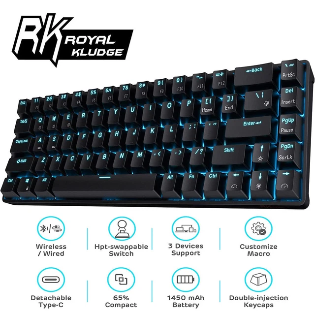ROYAL KLUDGE RK68 Black Wireless Swappable Keyboard Red Switch USB22 ...