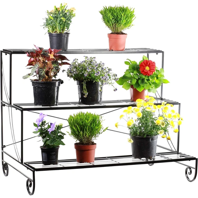 GOLDBEARUK PLANT STEPS Black Metal 3 Tier Flower Display Stand Metal ...
