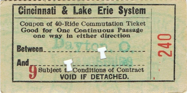 RAILWAY RAILROAD TICKET USA Cincinnati & Lake Erie RR Dayton 40 Ride ...
