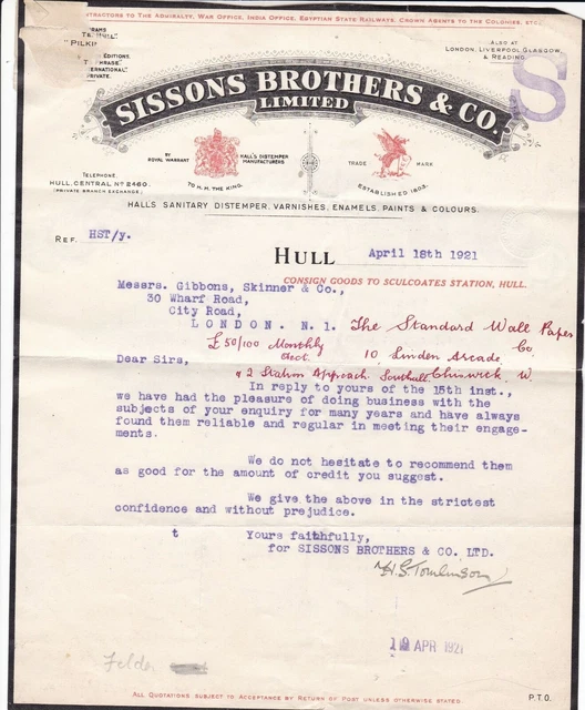 SISSONS BROTHERS & CO. LTD. HULL 1921 Crests & Logo Paints Headed ...