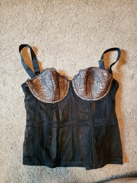 Victorias Secret Black And Pink Lace Boned Corset Bustier 36c Removable