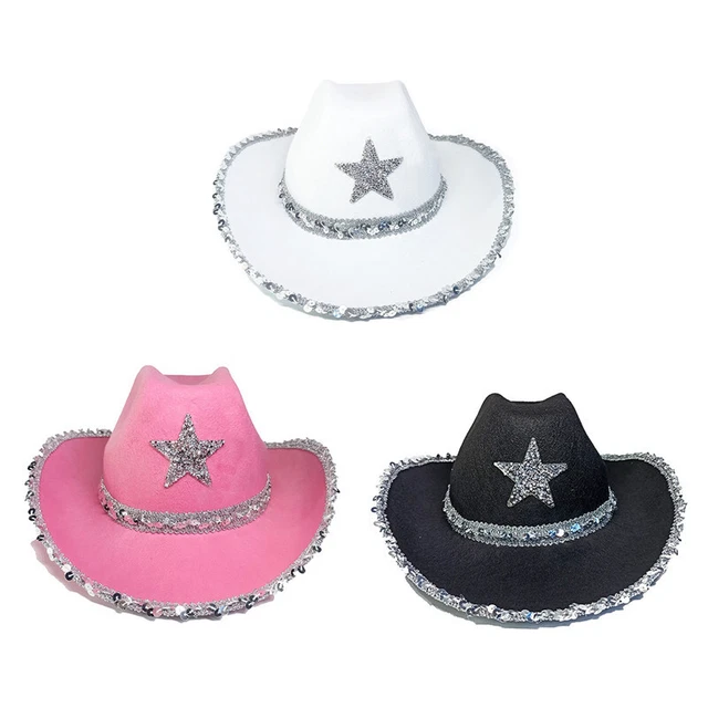 WOMEN COWGIRL HAT Star Sequin Disco Dress Up Bachelorette Birthday ...
