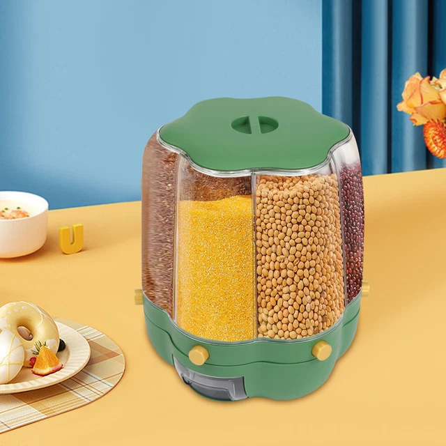 6 GRIDS CEREAL STORAGE CONTAINER 360° Rotating Rice Grain Food ...
