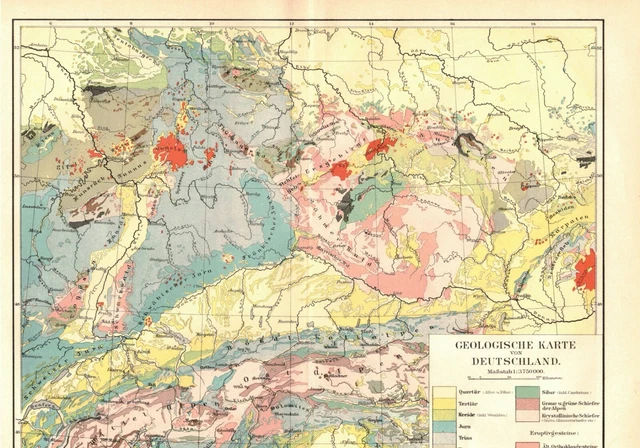 GEOLOGICAL MAP OF Germany, ancient historical lithography around 1900 ...