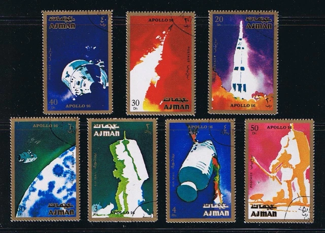 SPACE APOLLO 16 Flight Blast-off, Capsule Moon, full Set of 7, Ajman $1 ...