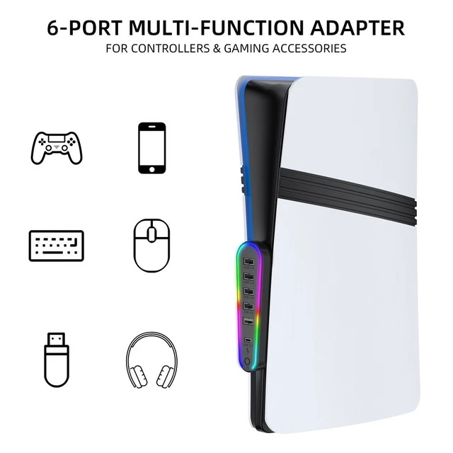 RGB USB HUB for PS5 Pro Slim 6 Ports for Charge and Data Functionality ...
