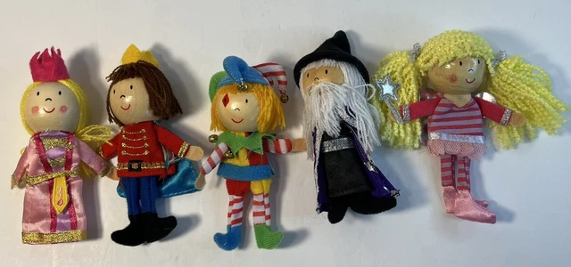 5 FIESTA CRAFTS Finger Puppets Wooden Heads Merlin Jester Queen King ...