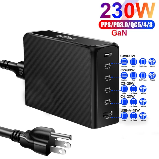 230W USB C GaN Laptop Fast Charger 4 USB-C+USB-A Ports Desktop Charging ...