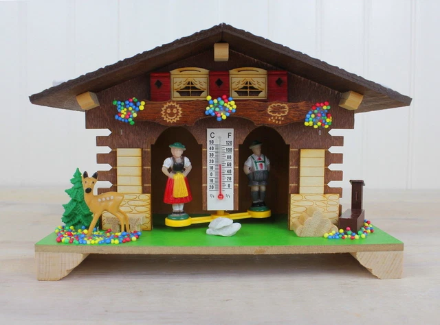 SWISS CHALET WOODEN Weather House Barometer Thermometer Made in Germany ...