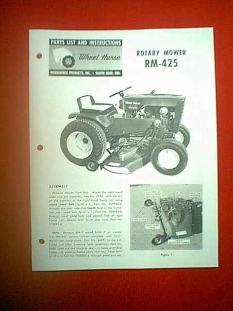 WHEEL HORSE TRACTOR Mower Deck Attachment Model Rm-425 Owner Parts ...