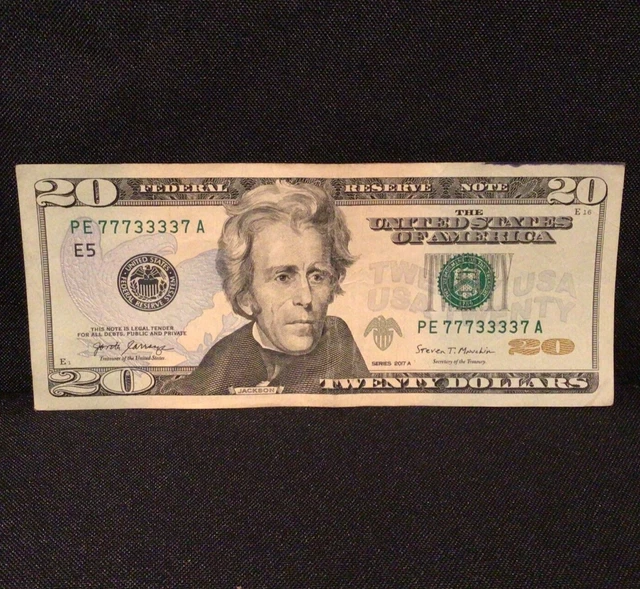 BINARY 4 OF 2 kinds FANCY SERIAL NUMBER $20 DOLLAR BILL 77733337 (2017A ...