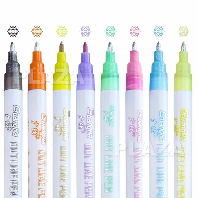 8 COLOURS CARD Writing Drawing Double Line Outline Pen Highlighter ...
