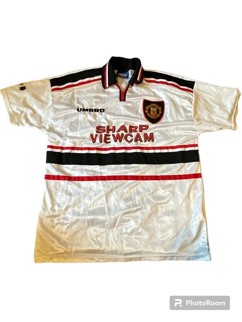 MANCHESTER UNITED SHARP VIEWCAM AWAY TREBLE 1999 MAN UTD White Shirt ...