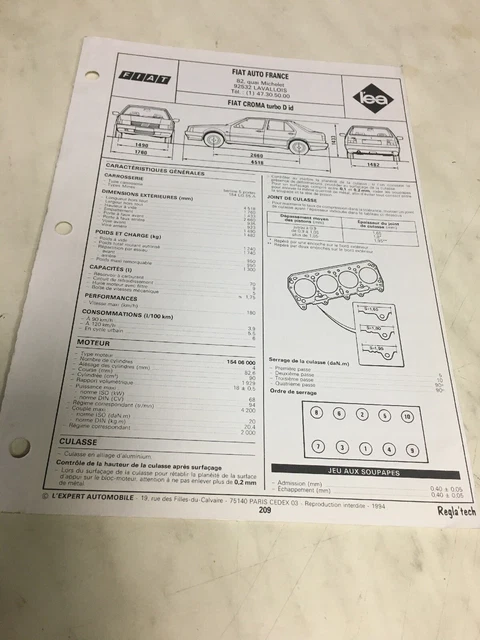 FICHE TECHNIQUE AUTOMOBILE Fiat Croma turbo D id édition 1994 EUR 8,75 ...