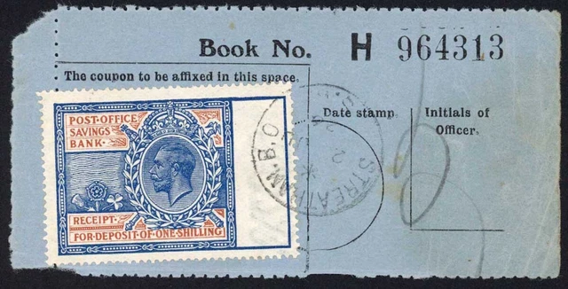 POST OFFICE SAVINGS Stamps Spec POSB2 1/- (Mackennal) on Original ...