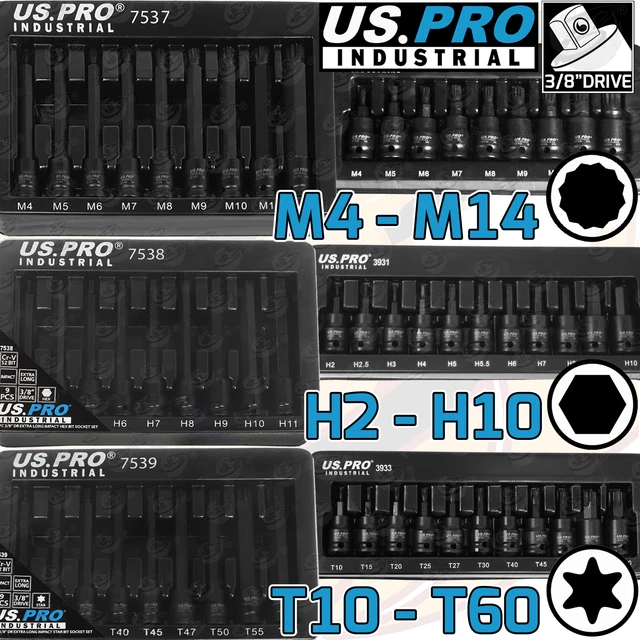 US PRO IMPACT Hex Torx Spline Bit Sockets 3/8" Drive Short & Long Allen ...