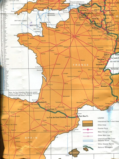 VINTAGE, LARGE RAILWAY Map of Europe Showing Frontier Points. Undated ...