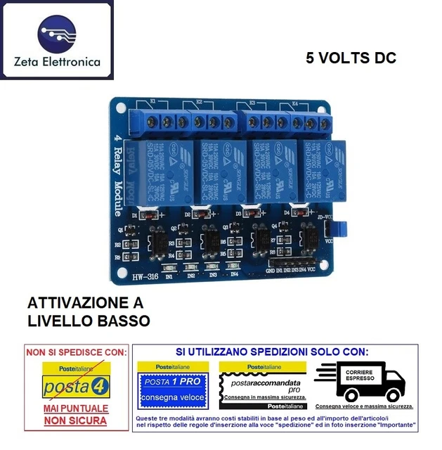 MODULO SCHEDA RELÈ ARDUINO 5V DC A 4 CANALI 220V 250V 10A AC RELAY ...