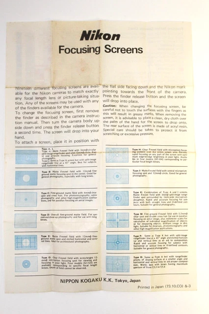 1970'S NIKON FOCUSING screens selection chart, Nippon Kogaku K.K. £7.96 ...