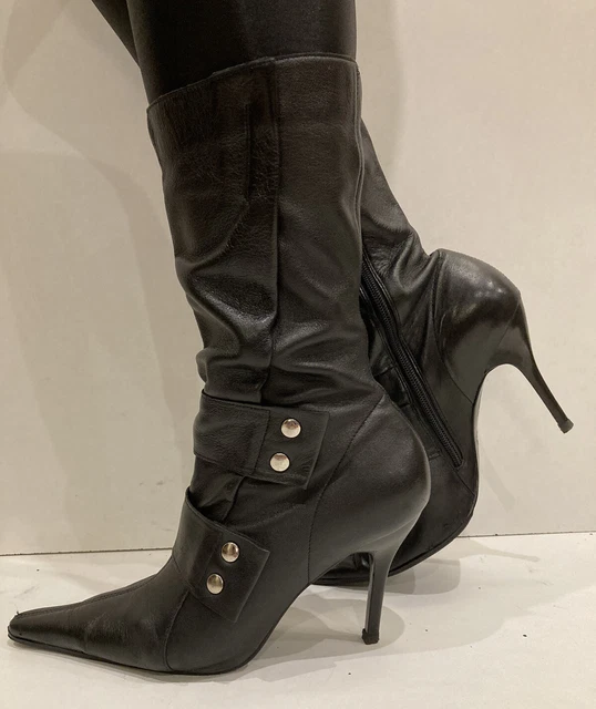 Vintage River Island Y2k Black Leather Pointed Toe Mid Calf Boots Uk5