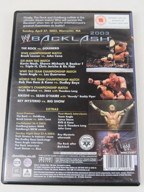 WWE BACKLASH 2003 DVD 15 PAL Rock vs Goldberg Lesnar vs Cena Silver ...