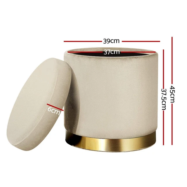ARTISS VELVET STORAGE Ottoman Foot Stool Round Cream w/ Gold Ring ...