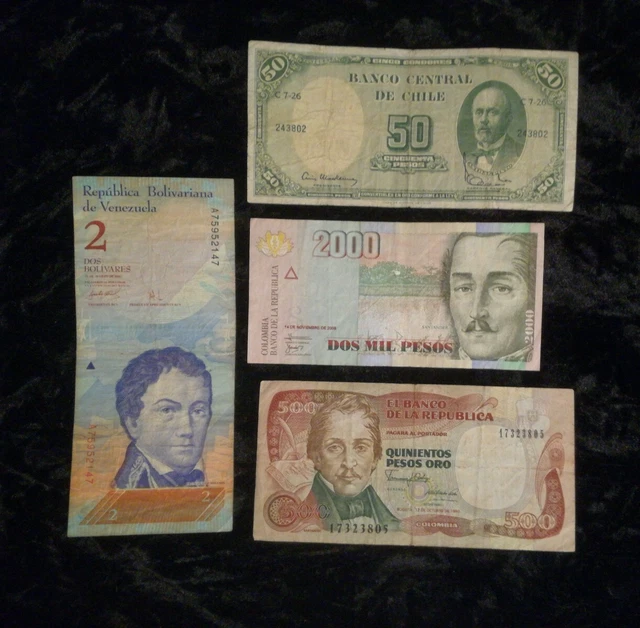 LOTTO 4 BANCONOTE moneta Colombia 2000 500 Pesos 50 Cile Venezuela 2 ...
