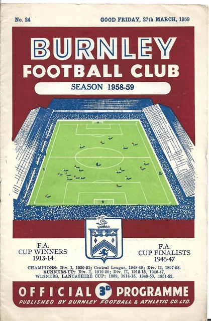 ORIGINAL PROGRAMME BURNLEY v PRESTON NORTH END 27TH MARCH 1959 £3.31 ...