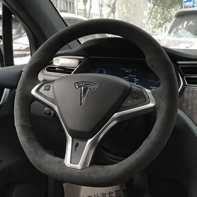 ALL BLACK SUEDE Leather Steering Wheel Stitch on Wrap Cover For Tesla ...