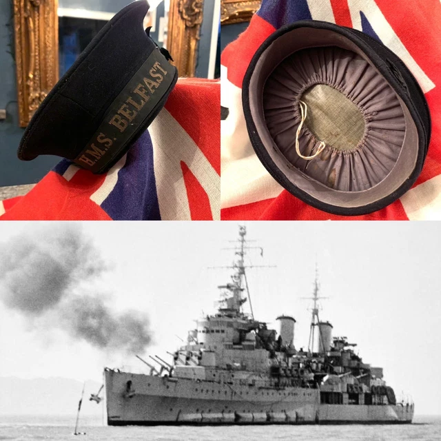 FABULOUS WW2 ROYAL Navy HMS Belfast Black Cap & Ribbon (c.1939-46) £160 ...