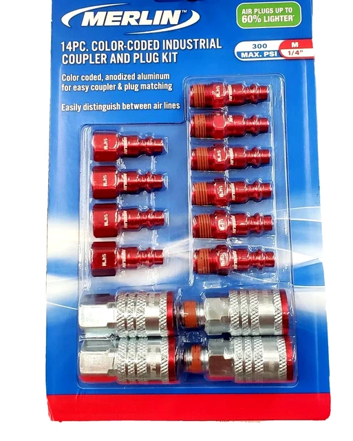 MERLIN 14-PC COLOR-CODED industrial Coupler And Plug Kit .300 psi max ...