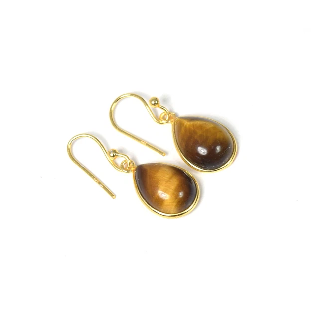 925 Solid Sterling Silver 24ct Gold Overlay Tiger Eye Hook Earring Lot