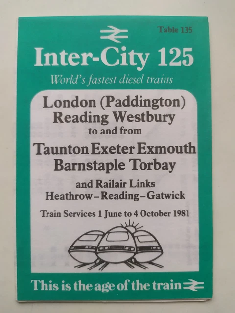 BRITISH RAIL POCKET Timetable Intercity 125 London Reading Exeter ...