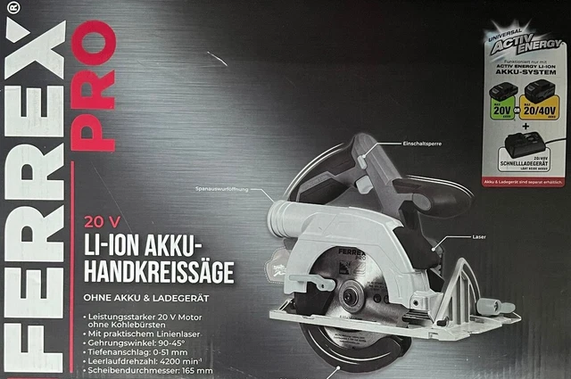 FERREX PRO AKKU-HANDKREISSÄGE 20 V Li-Ion Linienlaser - ohne Akku ...