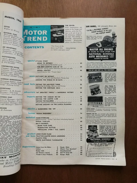 MOTOR TREND MAGAZINE March 1959 Chevy El Caminon Ford Ranchero Jaguar ...