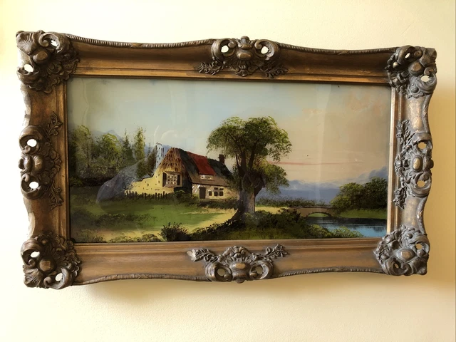 ANTIQUE REVERSE PAINTING On Antique Glass In Orig Antique Frame - Local ...