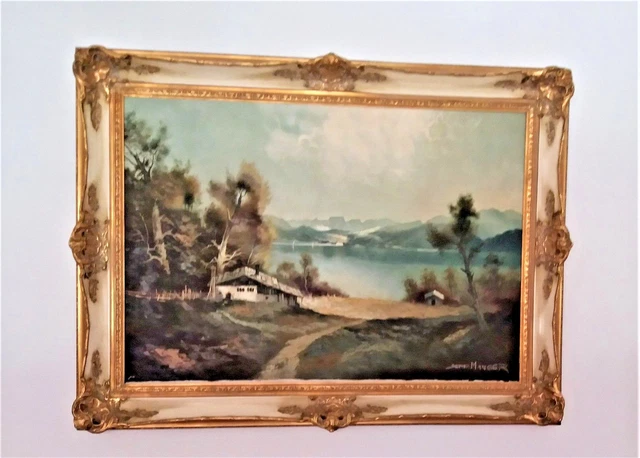 ALT BILD GEMÄLDE Haus am See signiert SEPP MANGER,Öl auf Leinwand,schöner Rahmen EUR 305,00 ...