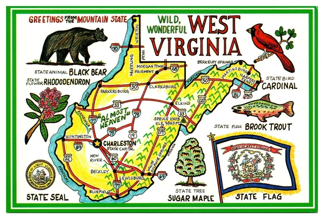 WEST VIRGINIA STATE Map Pictorial Black Bear Flag Highways WV Postcard ...