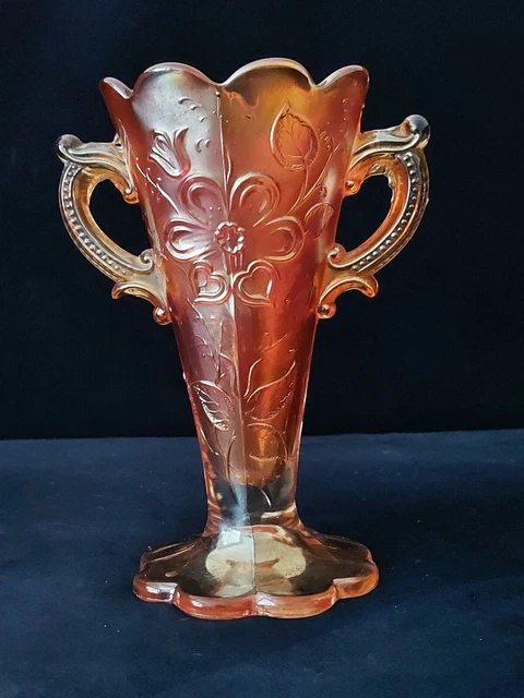 ANTIQUE DUGAN DIAMOND Marigold Iridescent Carnival Glass Mary Ann Vase ...