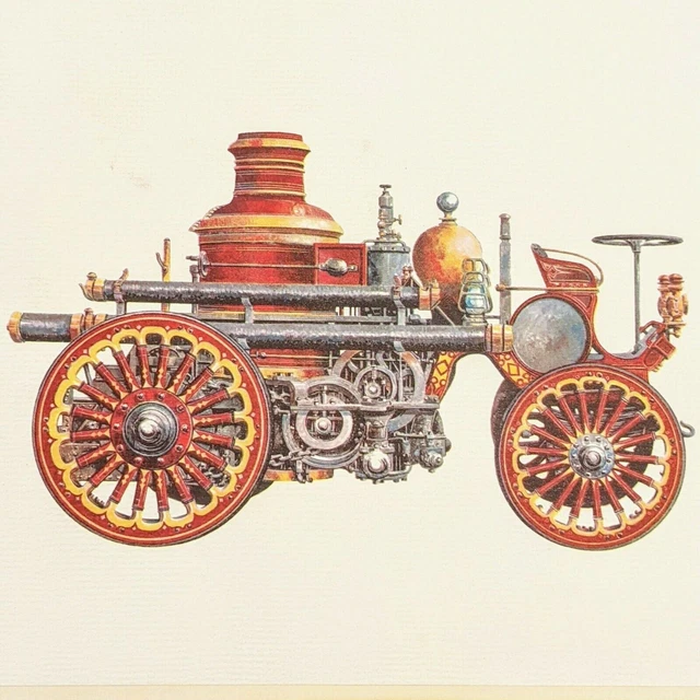 RED FIRE TRUCK Steam Pumper Engine Lithograph Art Print 10 In Road ...