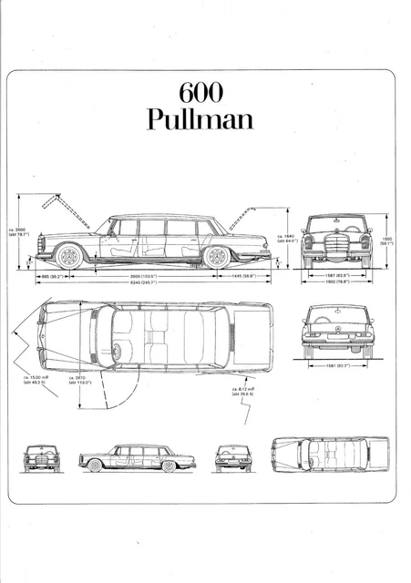 MERCEDES BENZ W100 600 Pullman Poster Technical Drawing DIN A4 ...