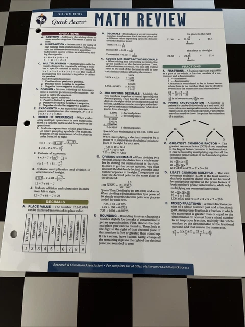 MATH REVIEW - REA's Quick Access Reference Chart (Quick Access ...