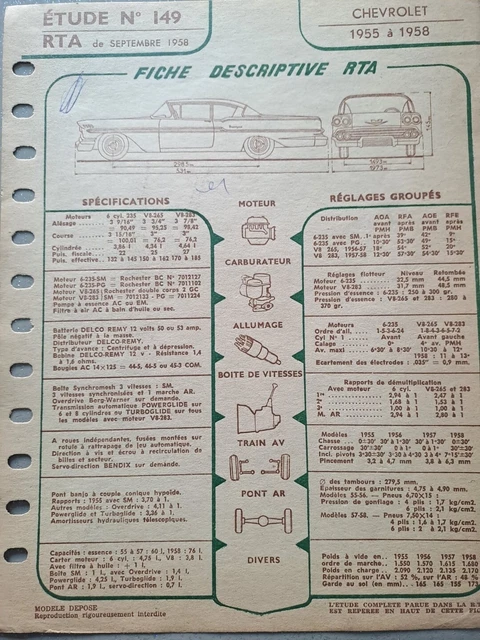 FICHE TECHNIQUE AUTOMOBILE RTA CHEVROLET 1955 à 1958 n°149 1958 EUR 5 ...