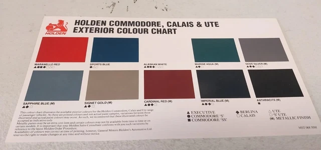 HOLDEN COMMODORE, CALAIS & UTE Colour Chart EUR 9,37 - PicClick IT