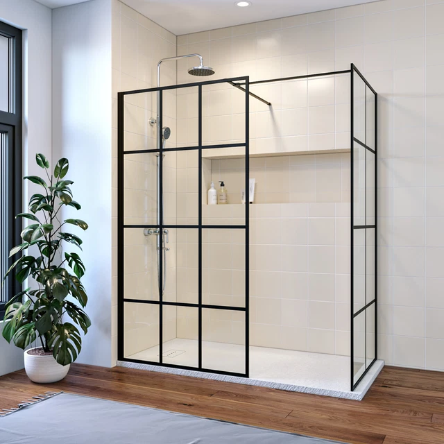 WALK IN WET Room Shower Enclosure Black Grid Screen Bathroom 8mm Glass Cubicle £117.99 - PicClick UK
