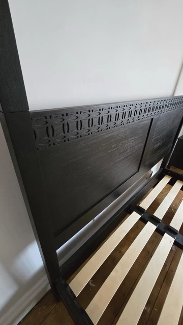 BOHO RUSTIC BLACK Mango Wood Carved 4 Poster King Size Bed Frame 161cm ...