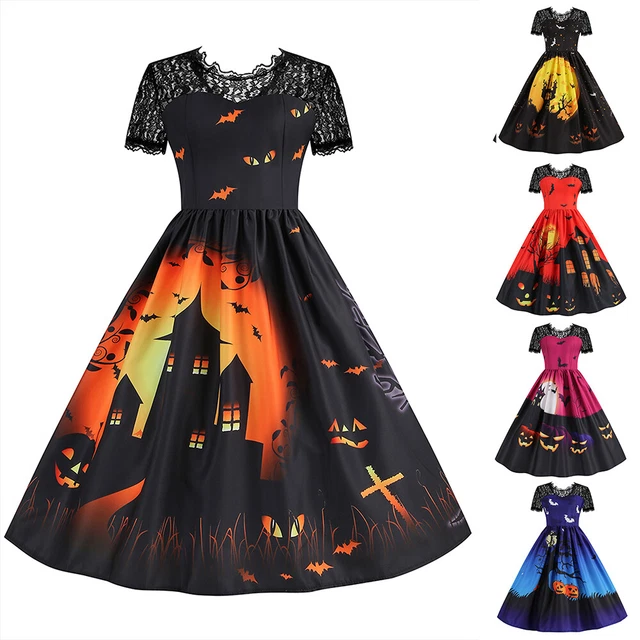 HALLOWEEN WOMEN LACE Pumpkin Fancy Dress Costume Ladies Party A-Line ...