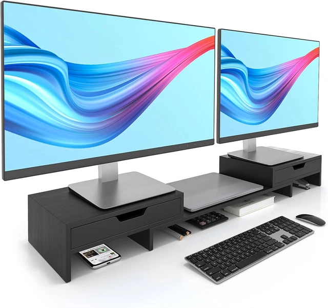 DUAL MONITOR RISER with Two Drawers for Desk, Bamboo Monitor Stand ...
